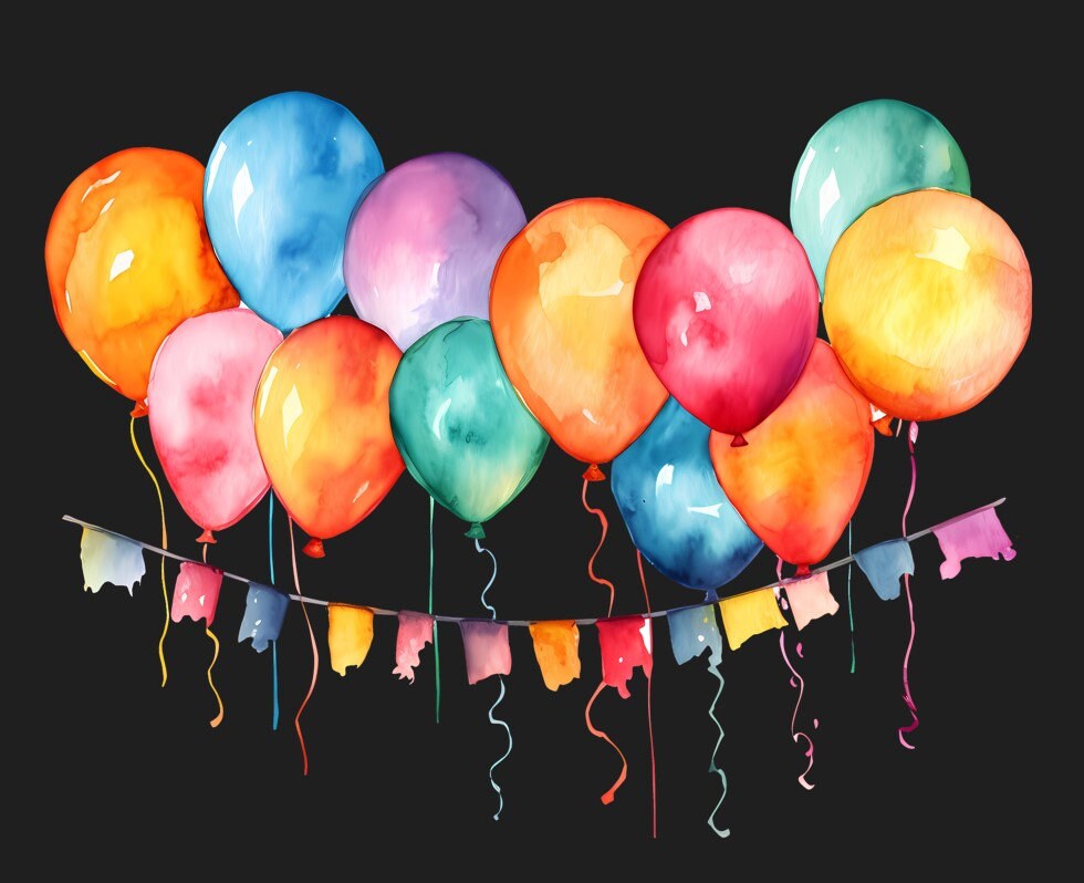 Watercolor Party Bundle Clipart PNG, Presend and Balloons Clipart ...