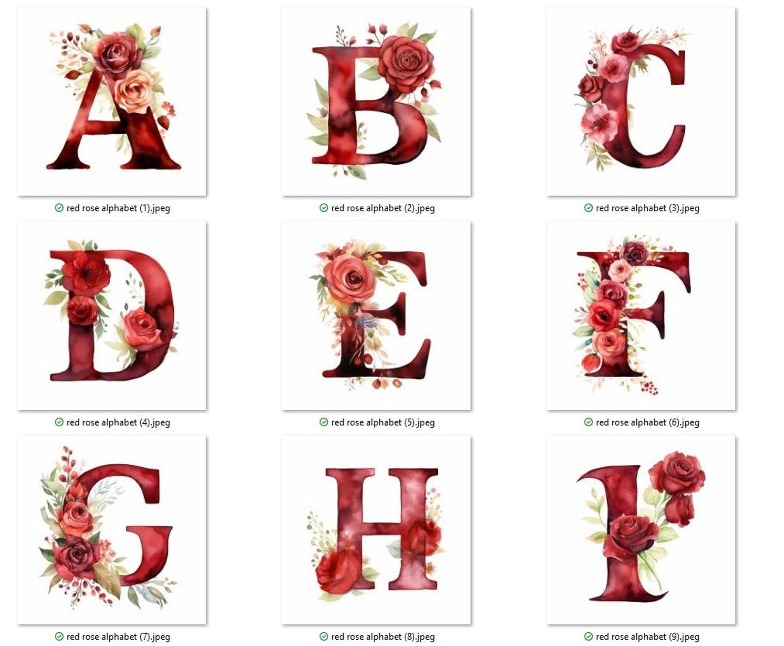 Red Rose Floral Alphabet Clipart: PNG, JPG, Scrapbooking (digital ...