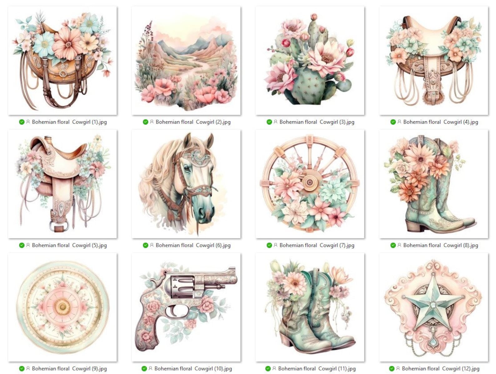 36 Country Boho Cowgirl Clipart Bundle: Watercolor Floral Western PNG ...