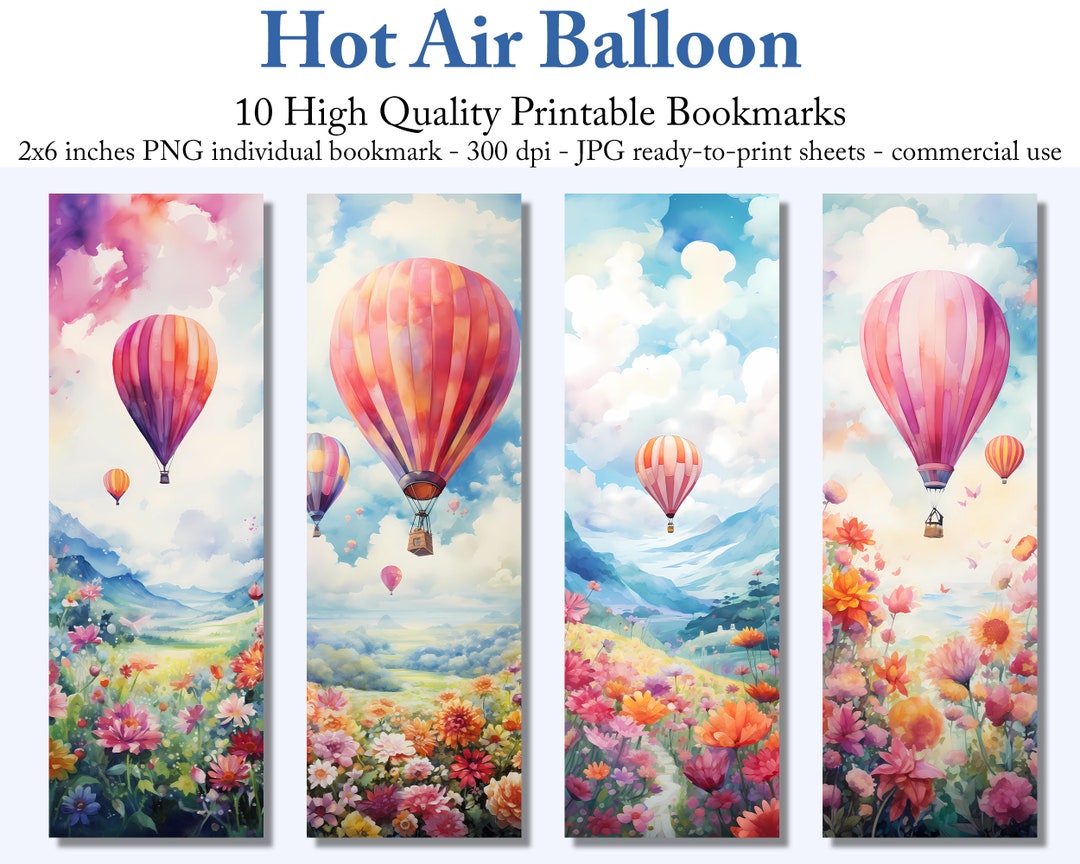 10 Watercolor Hot Air Balloon Printable Bookmarks Digital Download JPG ...