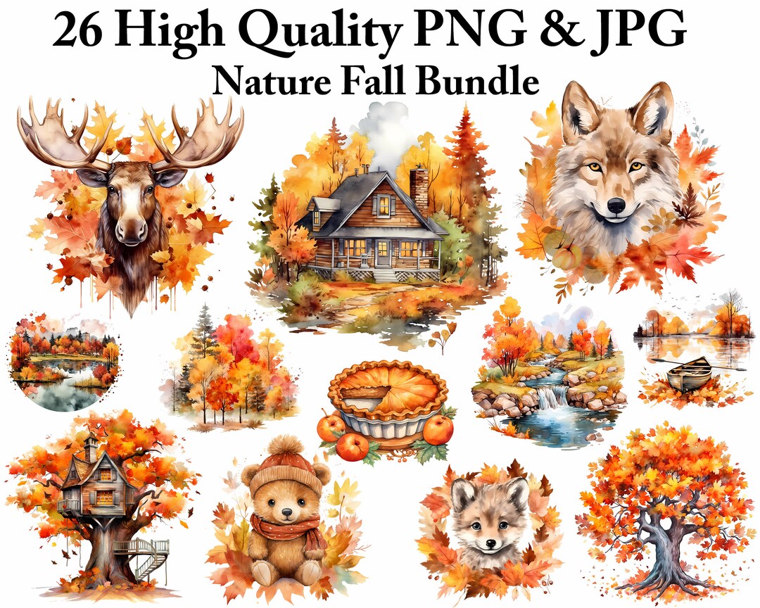 26 Watercolor Fall Clipart Autumn Clip PNG Bundle Art Nature Landscape ...