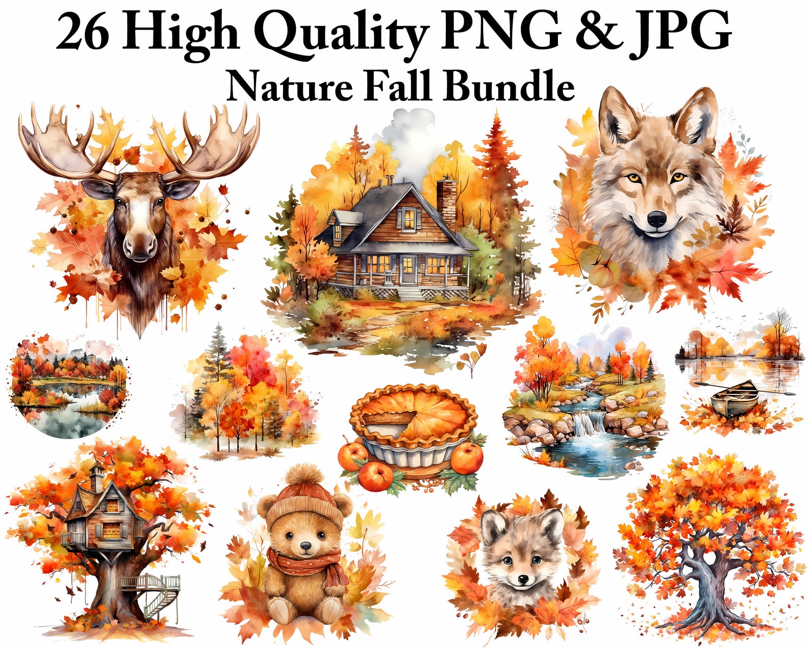 26 Watercolor Fall Clipart Autumn Clip PNG Bundle Art Nature Landscape ...