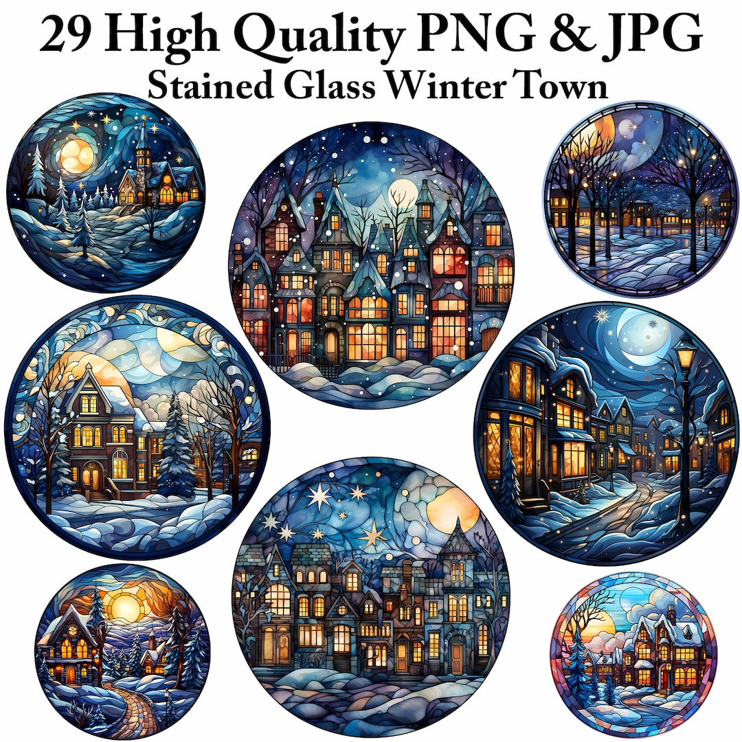 Winter Town Stained Glass Clipart: Snow Scene PNG Designs (digital ...