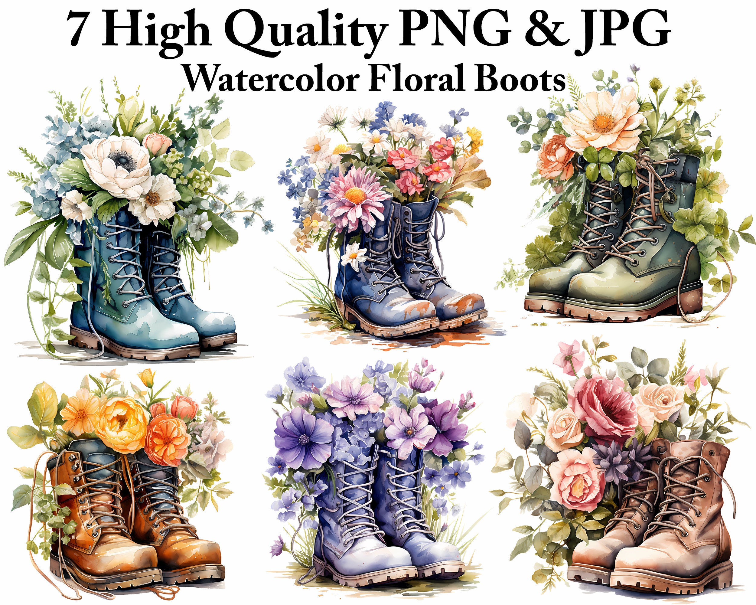 7 Floral Boots Clipart Bundle Flower Clip Art Watercolor Hiking Clipart ...