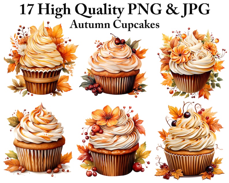 Autumn Cupcake Clipart Bundle: Watercolor Floral Designs (PNG & JPG) - Etsy