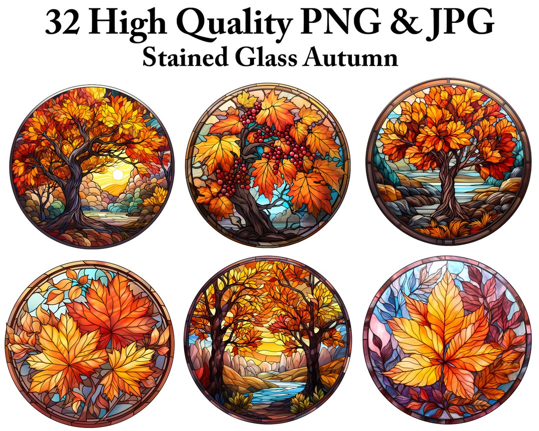 Stained Glass Autumn Clipart Bundle: Fall Leaves, Trees (PNG) - Etsy