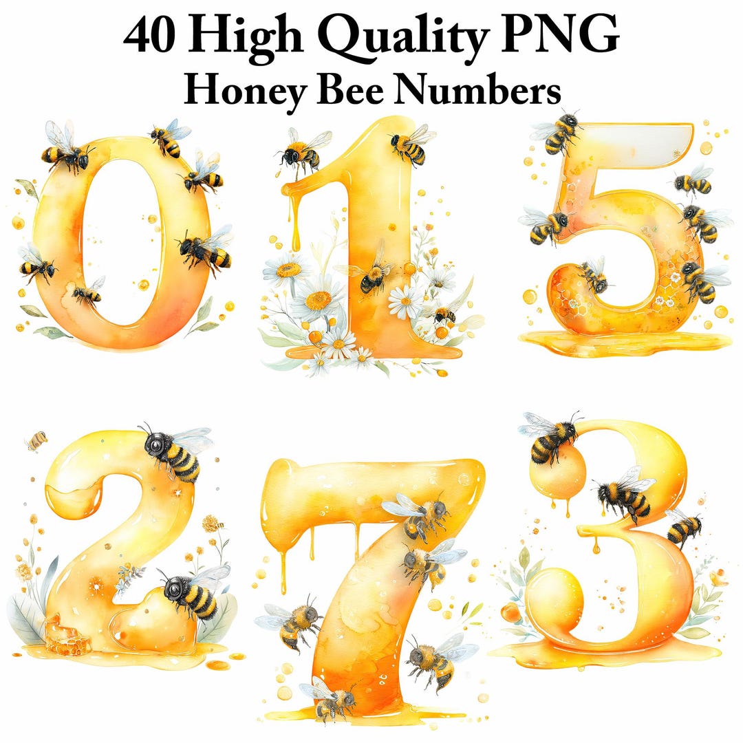 Honey Bee Number Clipart: Watercolor Bumblebee, Honeycomb (digital ...