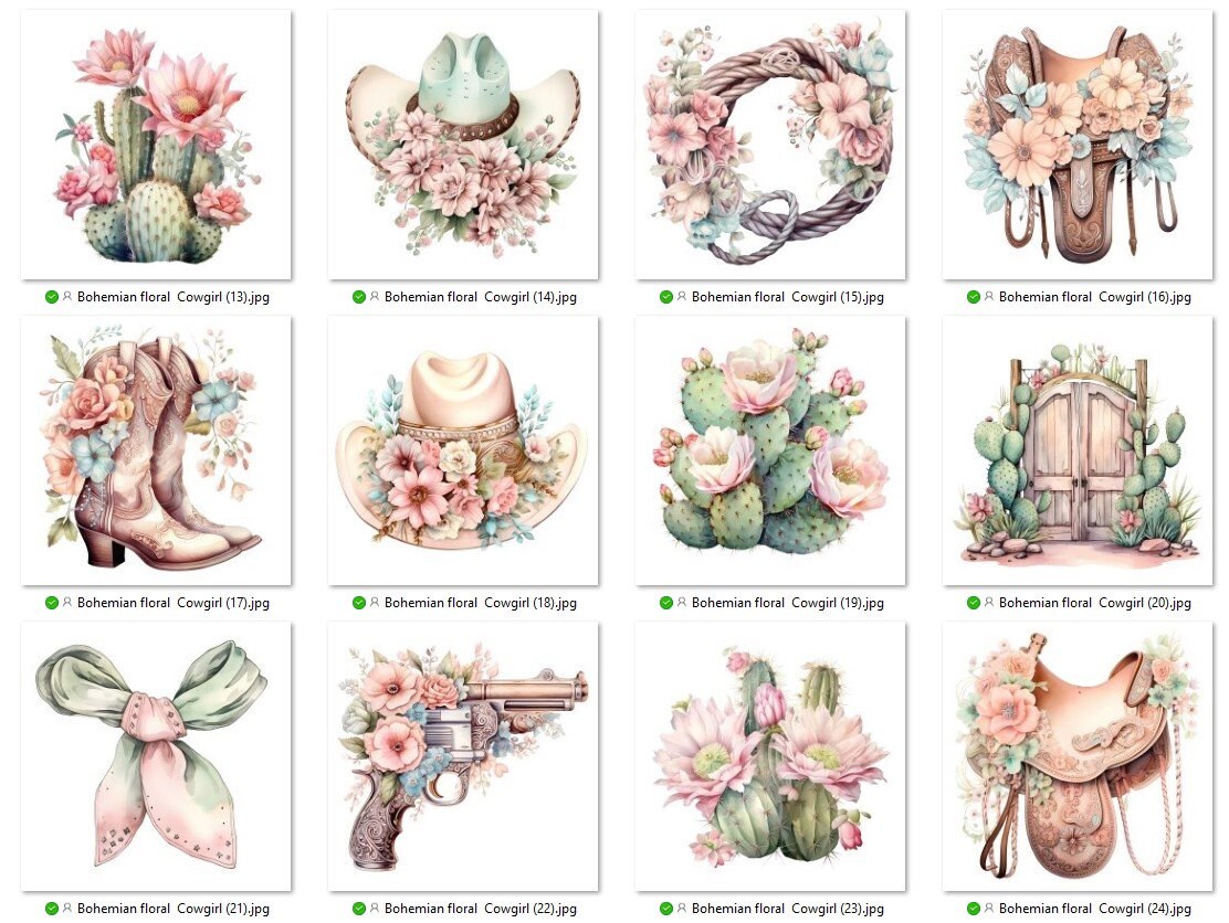36 Country Boho Cowgirl Clipart Bundle: Watercolor Floral Western PNG ...