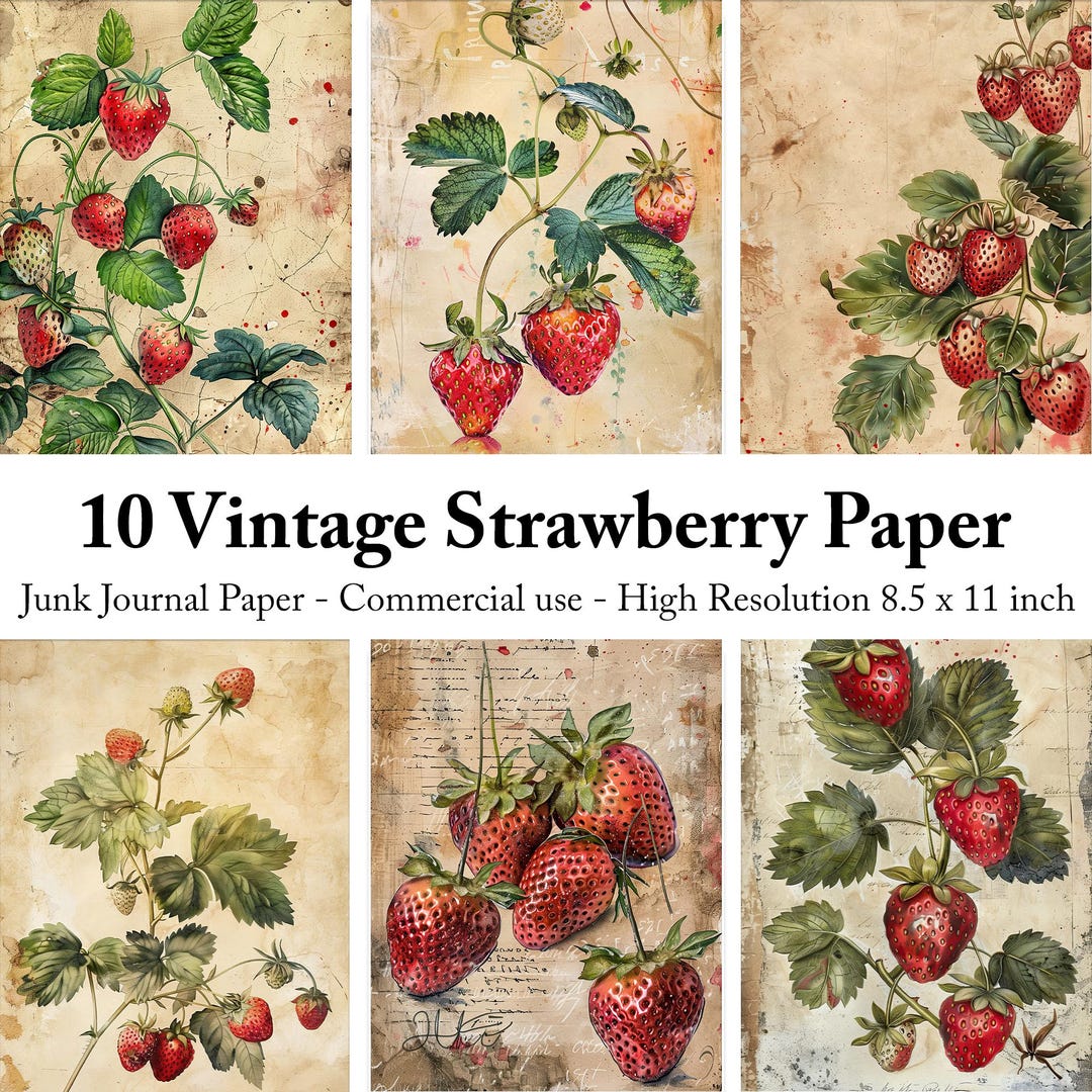 10 Vintage Strawberry Junk Journal Pages, Digital Paper Scrapbooking ...