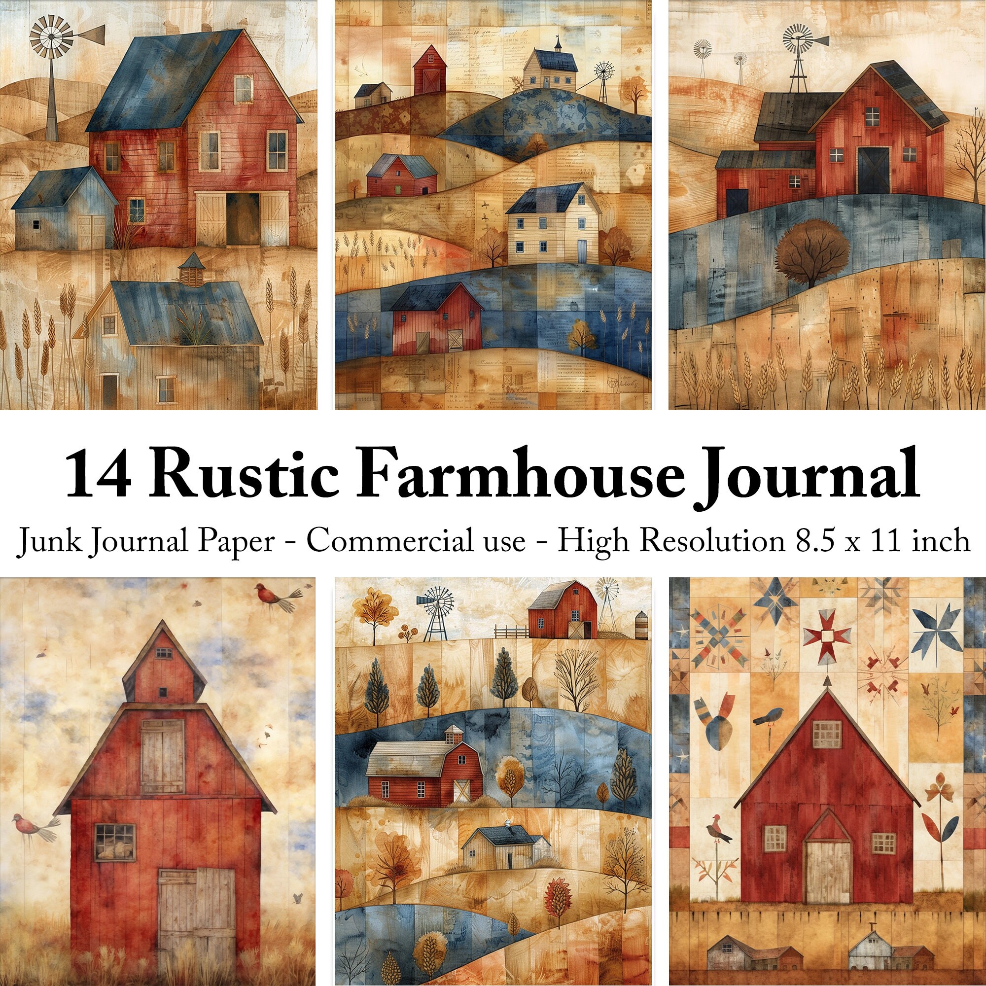 Rustic Farmhouse Junk Journal, Digital Watercolor Countryside Paper ...