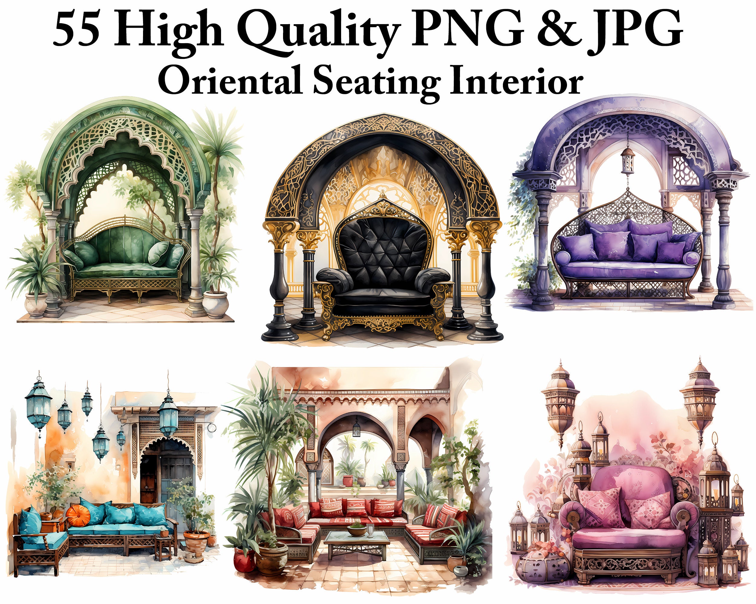 55 Watercolor Oriental Seating Interior Clipart Vintage Sofa Seating ...