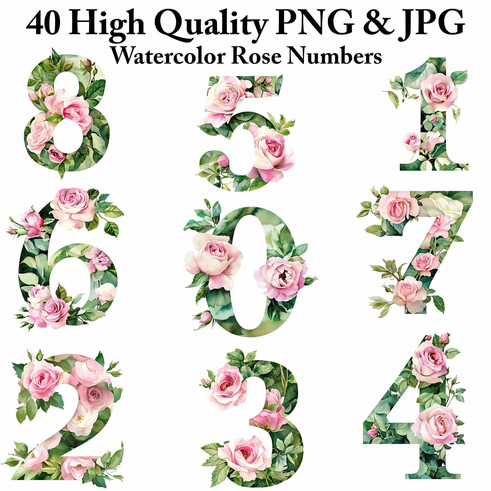 Watercolor Rose Numbers Clipart Set: Floral Digit Printables (PNG & JPG ...
