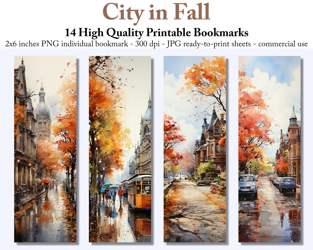 14 Watercolor Fall in the City Printable Bookmarks Digital Download JPG ...