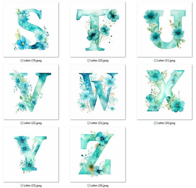 Aqua Floral Alphabet Floral Spring Letters Clipart Set for Sublimation ...