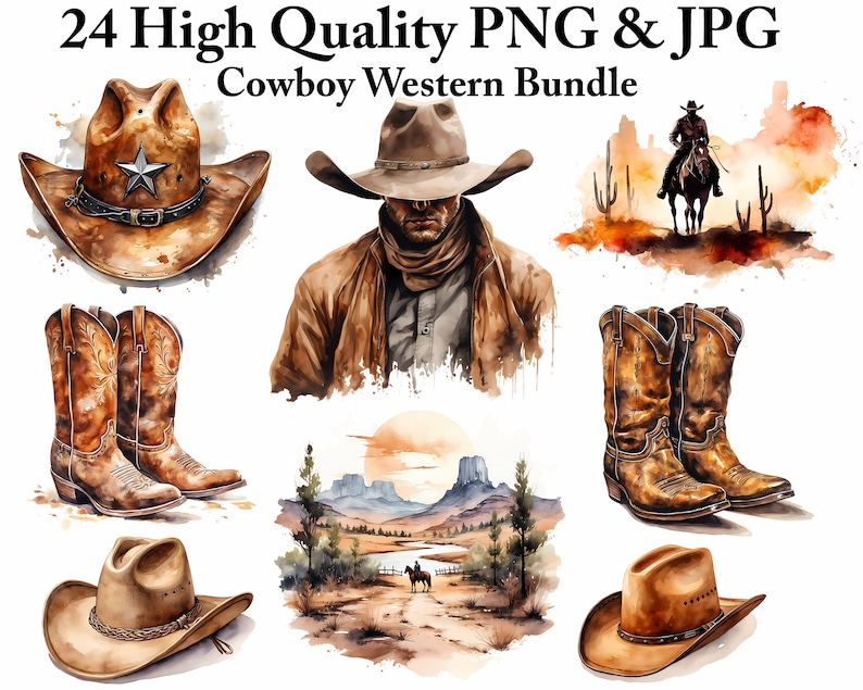 Watercolor Cowboy Clipart Bundle: Western Boots, Hats, and Scenery (PNG ...