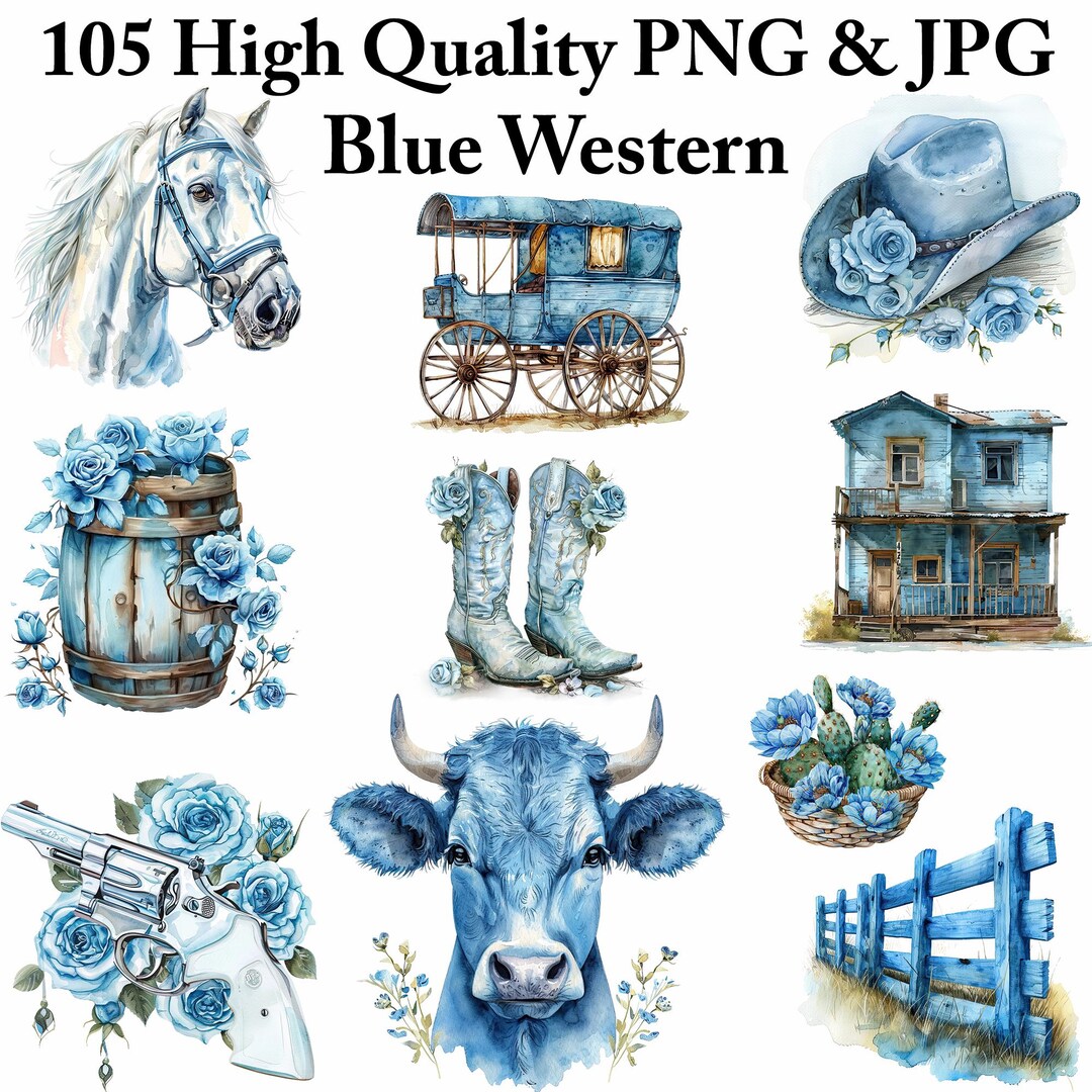 Watercolor Blue Western Clipart Bundle (PNG & JPG) - Etsy