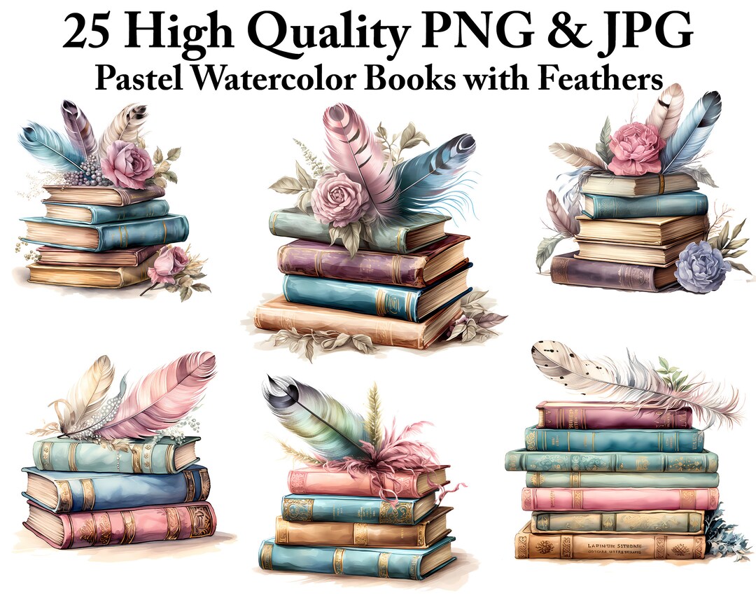 Watercolor Feather Books Clipart: Vintage Book Stack PNG (25 Files) - Etsy
