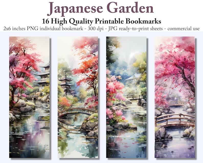 16 Watercolor Japanese Garden Printable Bookmarks Digital Download JPG ...