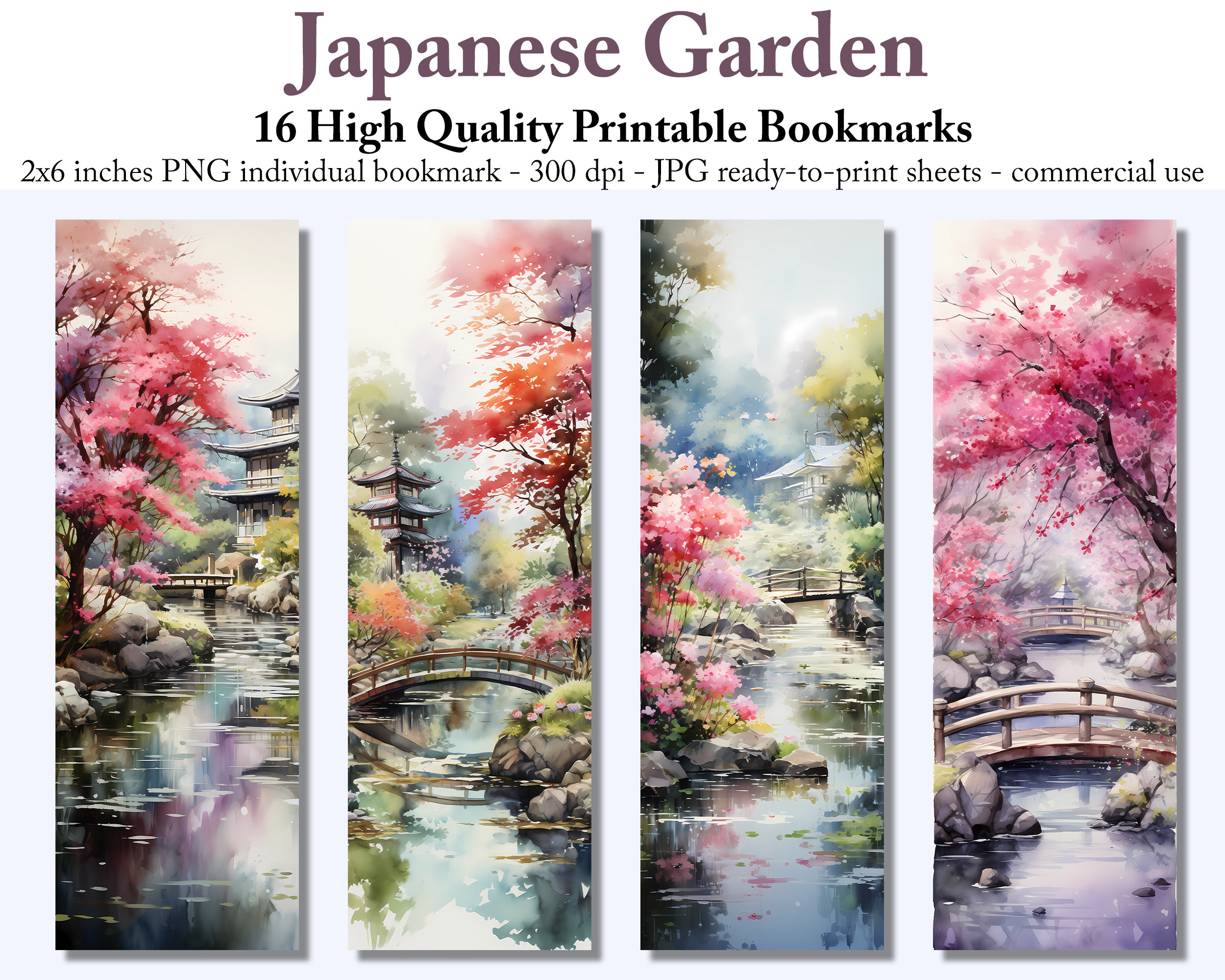16 Watercolor Japanese Garden Printable Bookmarks Digital Download JPG ...