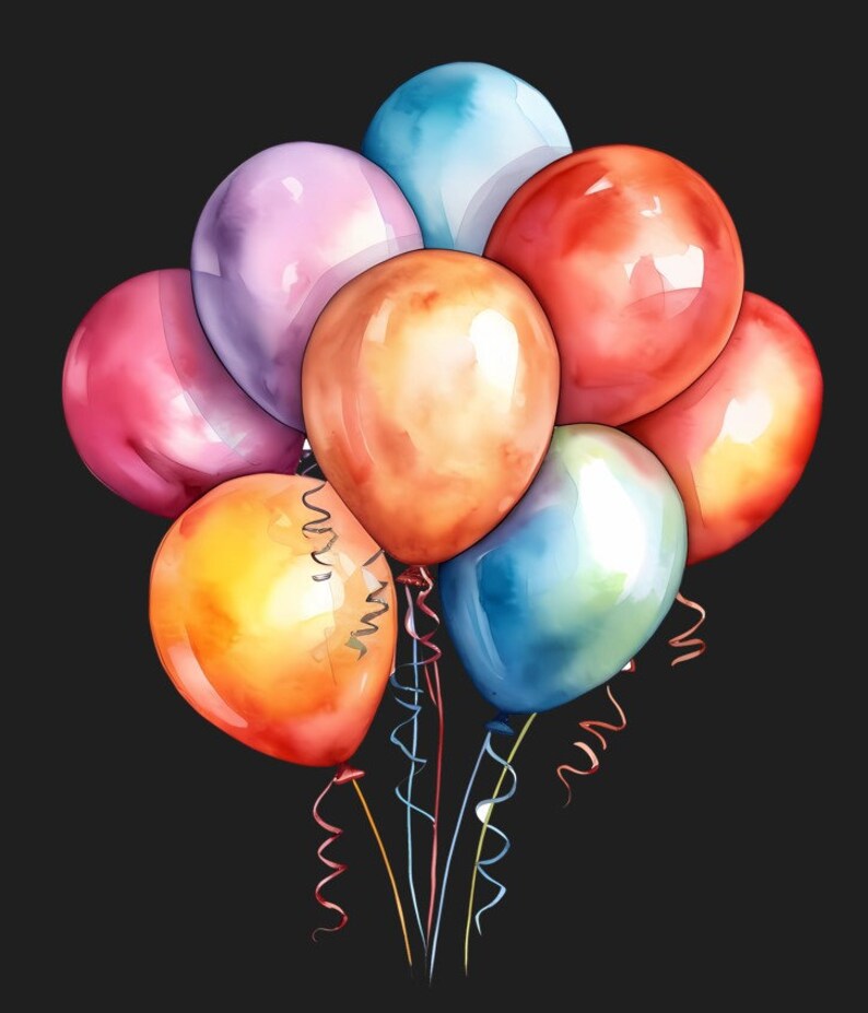 Watercolor Party Bundle Clipart PNG, Presend and Balloons Clipart ...