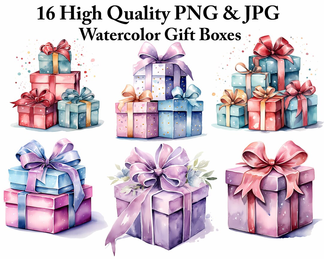 Watercolor Gift Boxes Clipart PNG Bundle, Party Clipart, Present ...