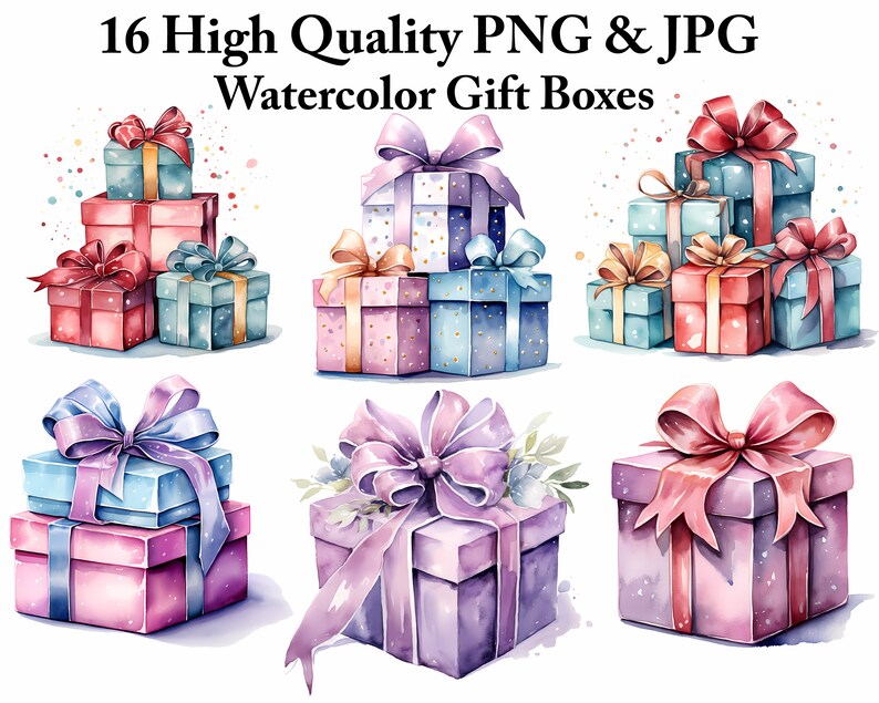 Watercolor Gift Boxes Clipart PNG Bundle, Party Clipart, Present ...