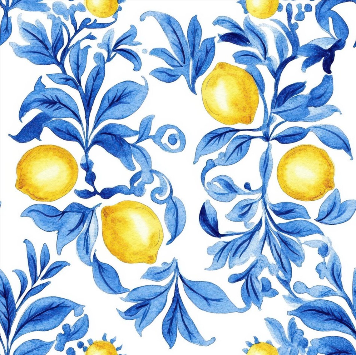 Blue Azulejo Lemon Tile Digital Paper: Mediterranean Watercolor ...