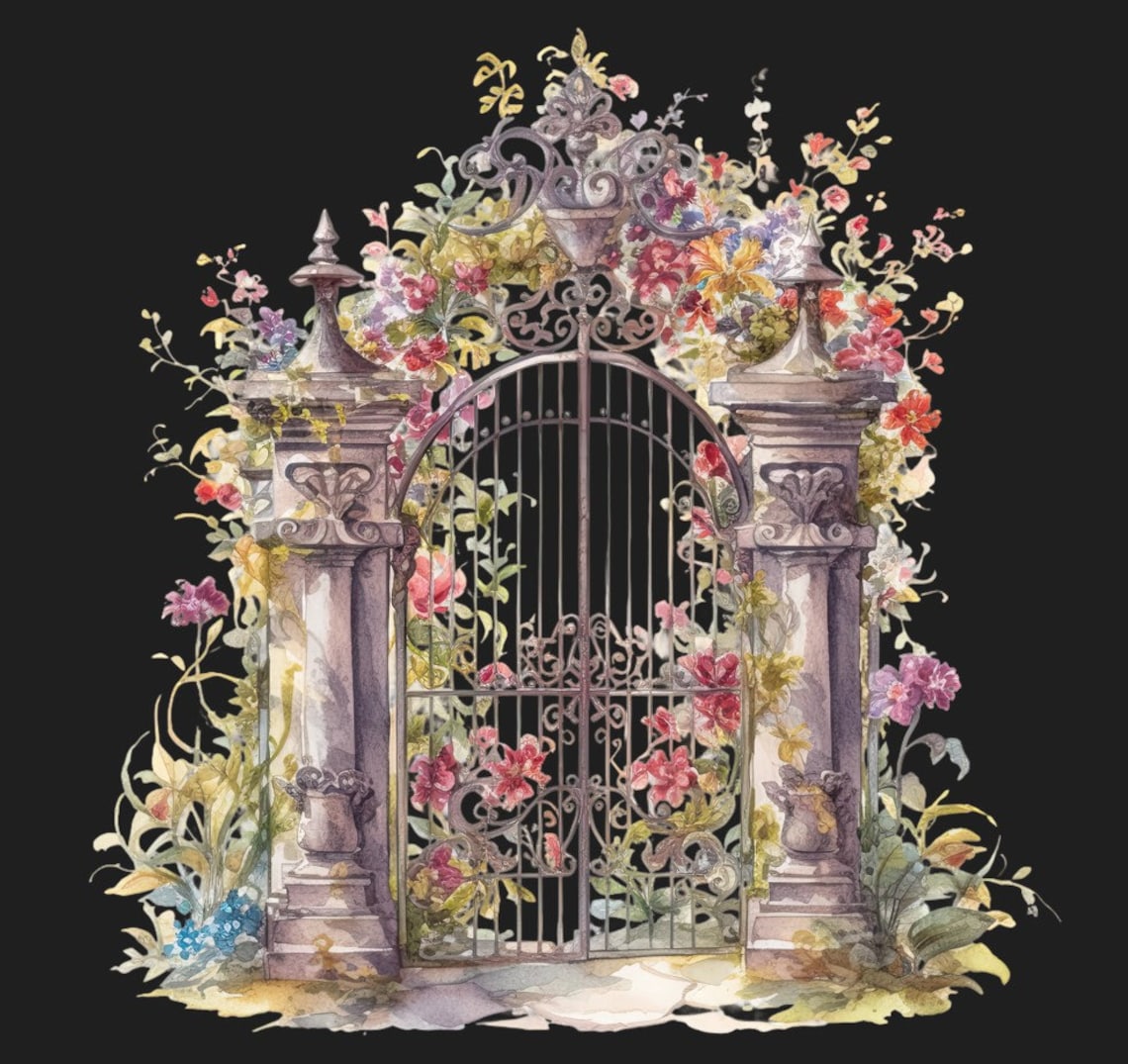 10 Vintage Flower Gate Watercolor Clipart Romantic Garden, Watercolor ...