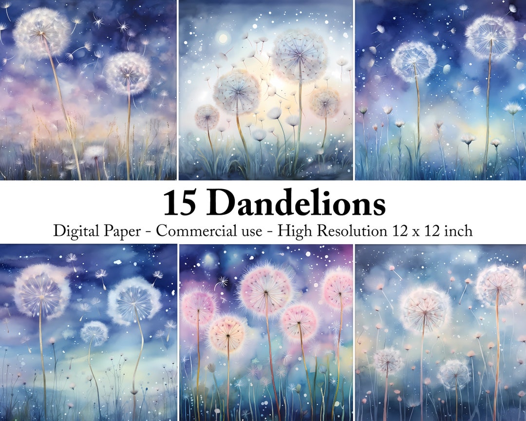 Whimsical Dandelions Digital Paper Set: Magical Night Sky Florals ...