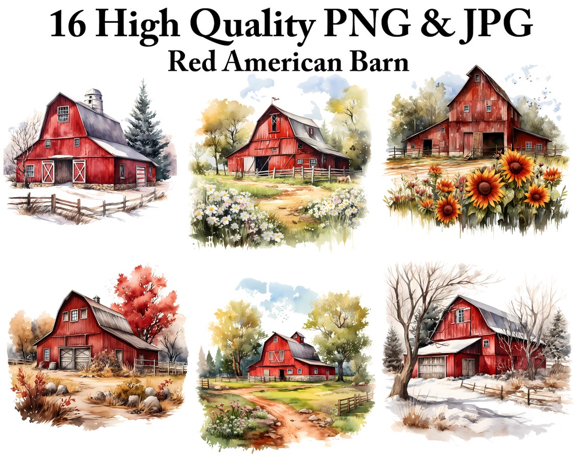 16 Red Farm Barn Watercolor Clipart Farmhouse Clipart Barn Bundle PNG ...