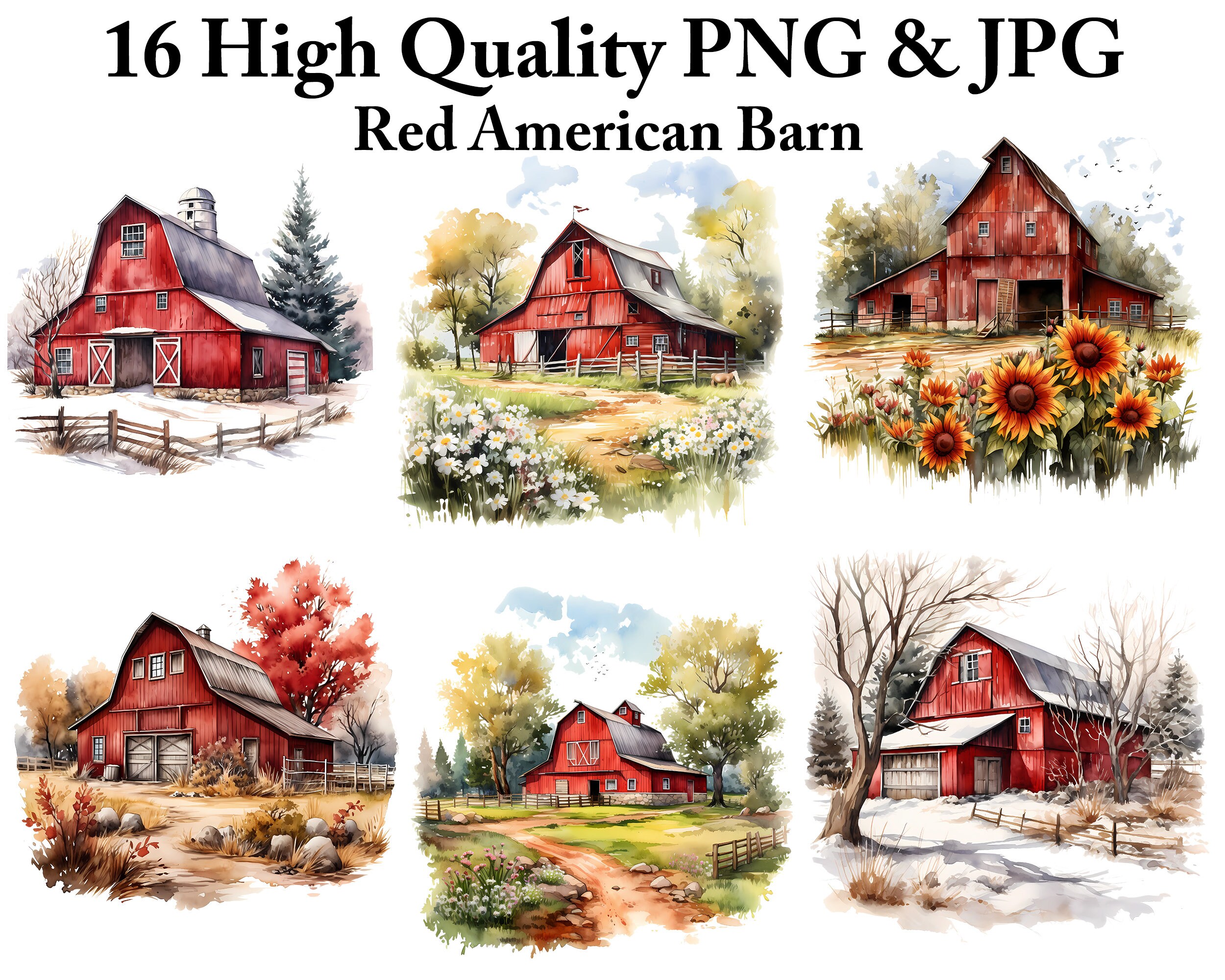 16 Red Farm Barn Watercolor Clipart Farmhouse Clipart Barn Bundle PNG ...
