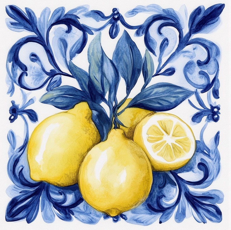 Lemon & Blue Azulejo Tile Digital Paper: Mediterranean Patterns ...