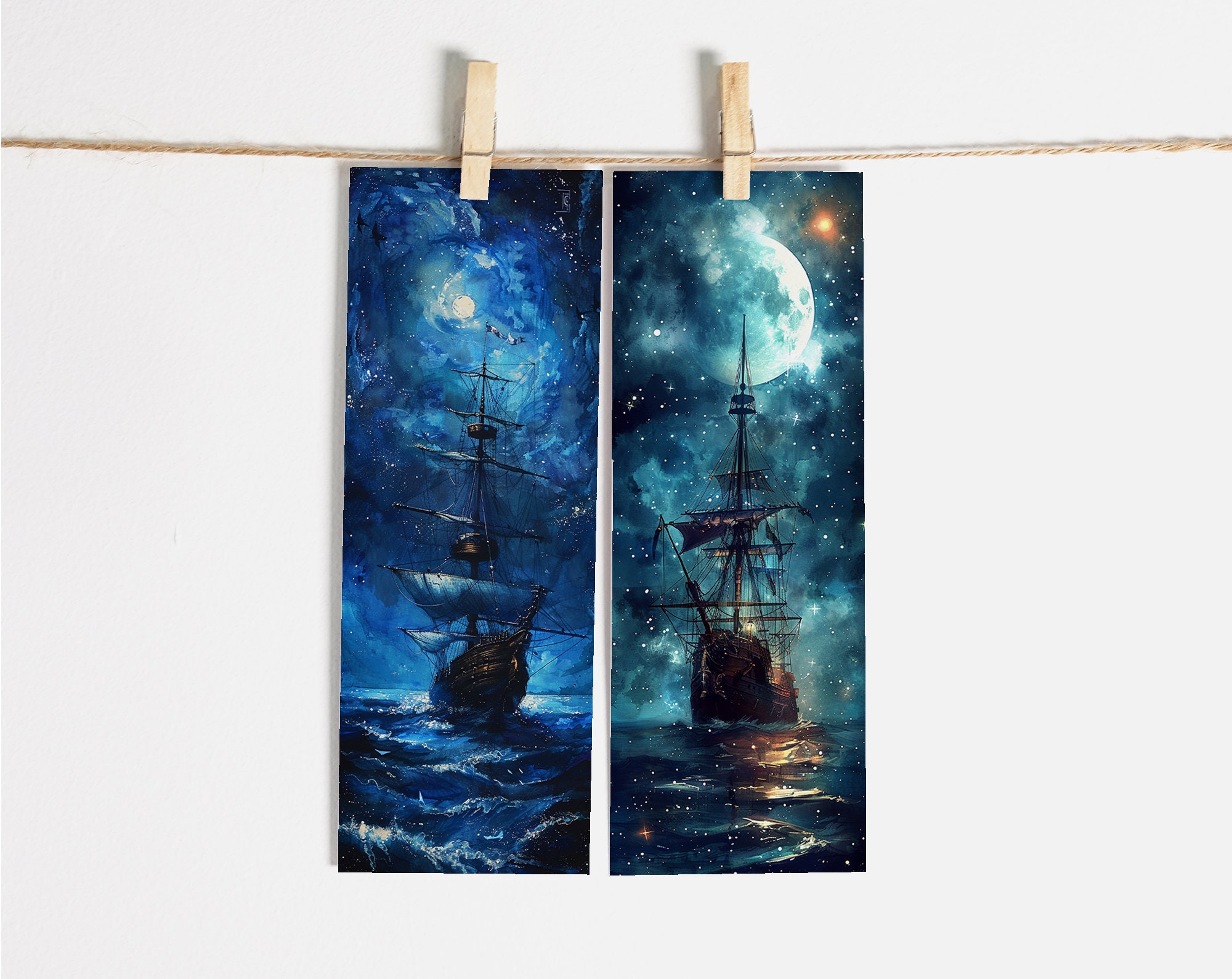 Celestial Nautical Adventure Bookmarks 12 Printable Ship & Moon Night ...
