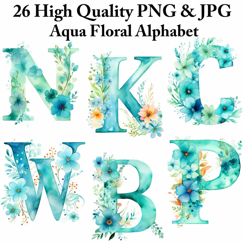 Aqua Floral Alphabet Clipart: Watercolor Spring Letters (commercial Use ...