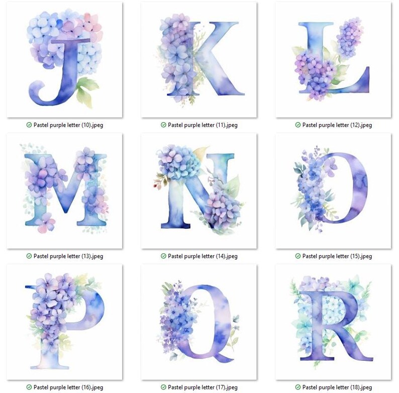Pastel Purple Floral Alphabet Clipart: Watercolor Letters (digital ...