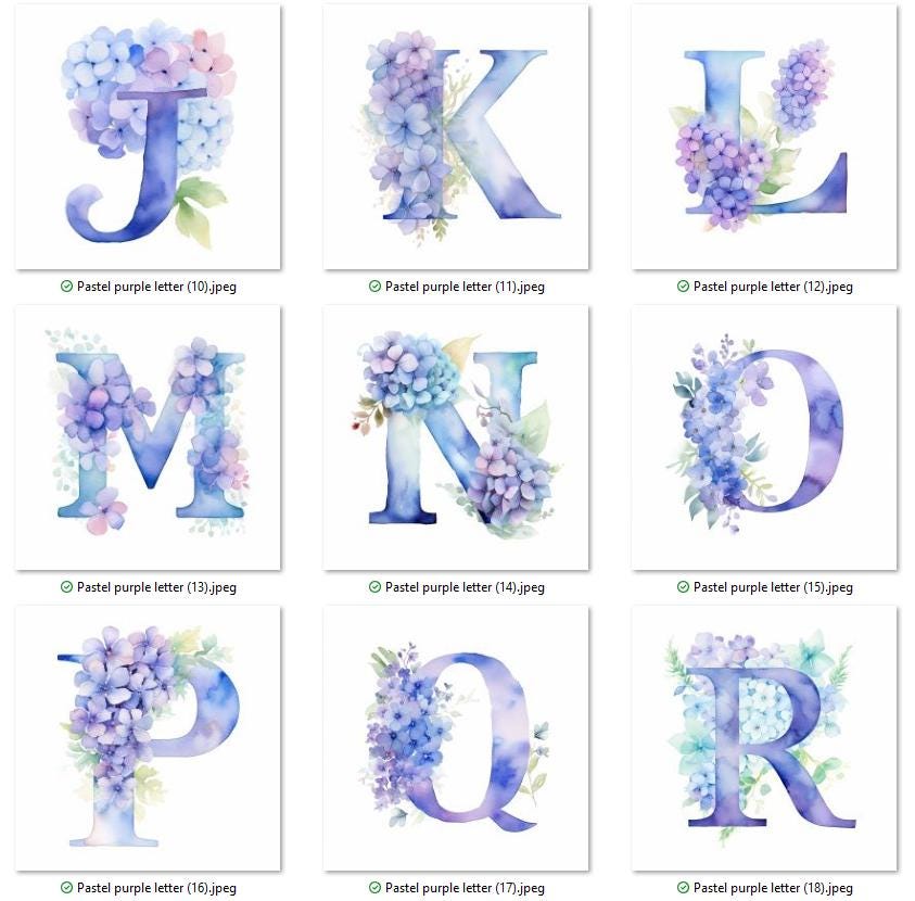 Pastel Purple Floral Alphabet Clipart: Watercolor Letters (digital ...
