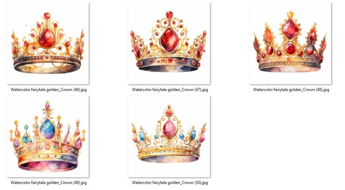50 High Quality Watercolor Golden Crown JPG, Vintage Princess Clipart ...