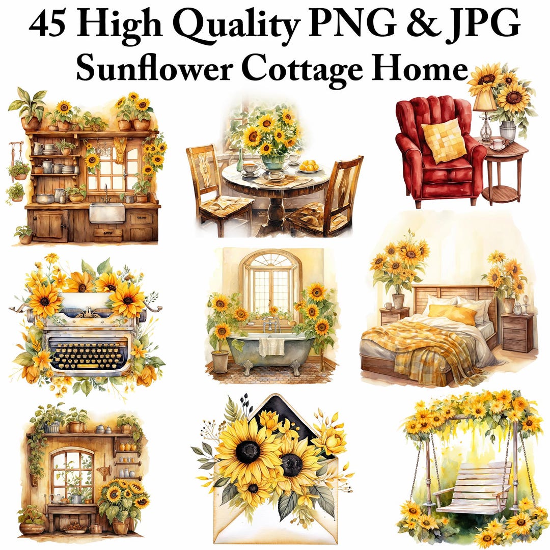 Sunflower Cottage Clipart Bundle: Watercolor Cottagecore PNG Images ...