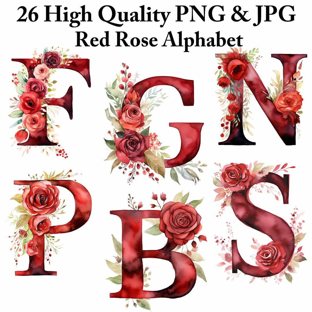 Red Rose Alphabet Clip Art Bundle PNG Sublimation Digital Crafting Junk ...