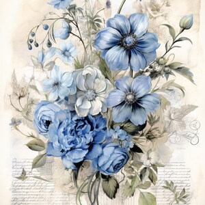 Blue Flowers Digital Paper: Watercolor Floral Scrapbook Kit (digital ...
