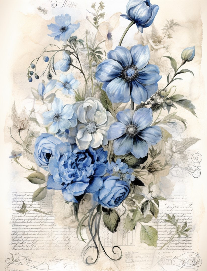 Blue Flowers Digital Paper: Watercolor Floral Scrapbook Kit (digital ...
