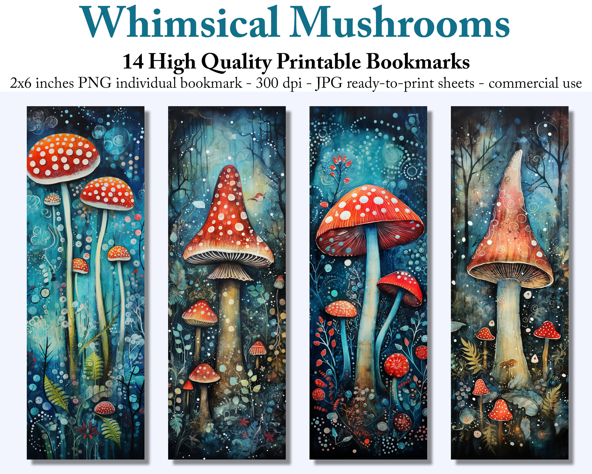 Watercolor Winter Whimsical Mushrooms Printable Bookmarks Digital ...