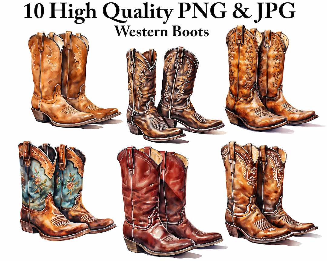 Watercolor Cowboy Boots Clipart: Rustic Western PNG Bundle (commercial ...