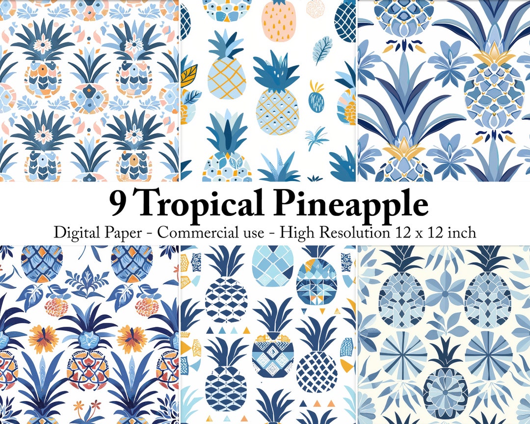 Blue & Gold Pineapple Digital Paper: Tropical Summer Prints (12x12 Inch ...