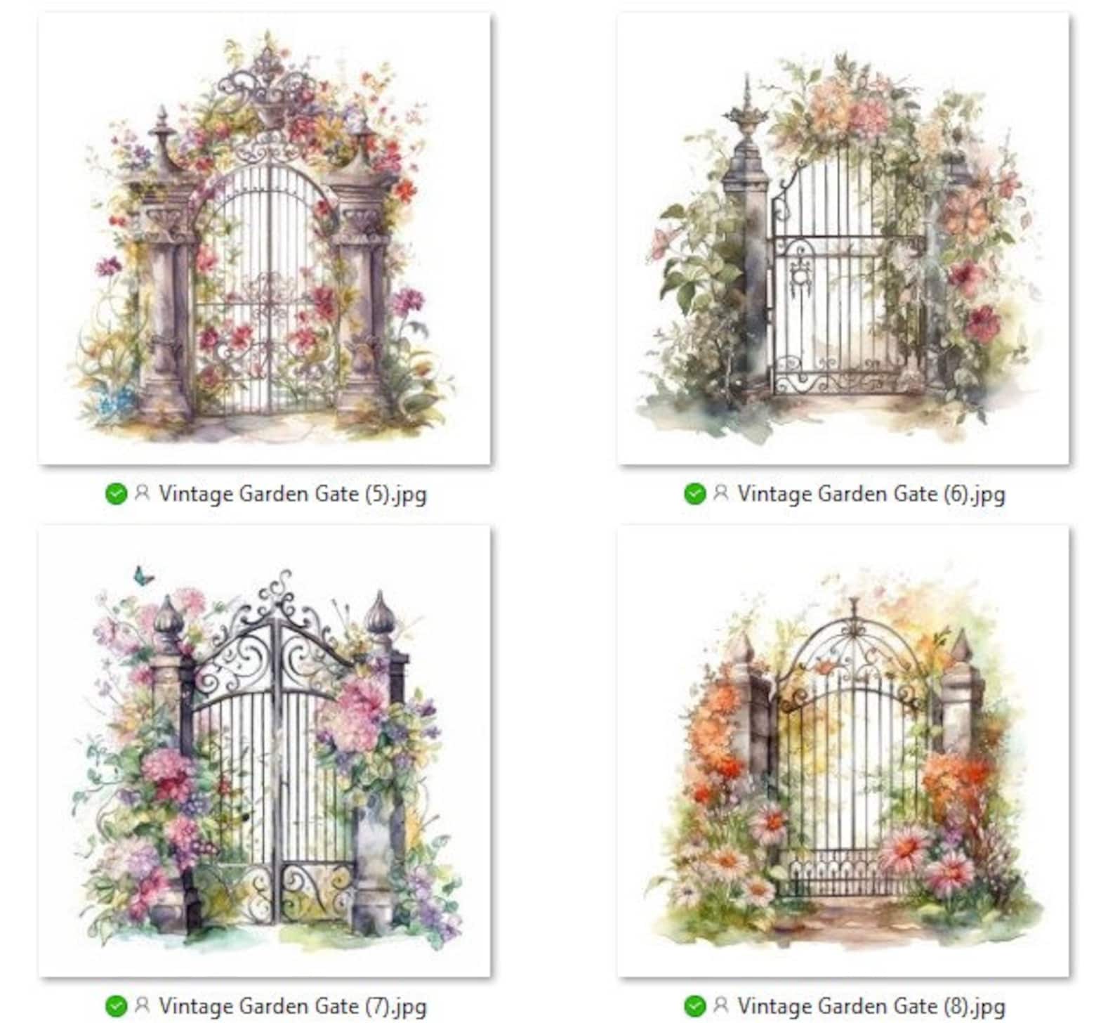 10 Vintage Flower Gate Watercolor Clipart Romantic Garden, Watercolor ...