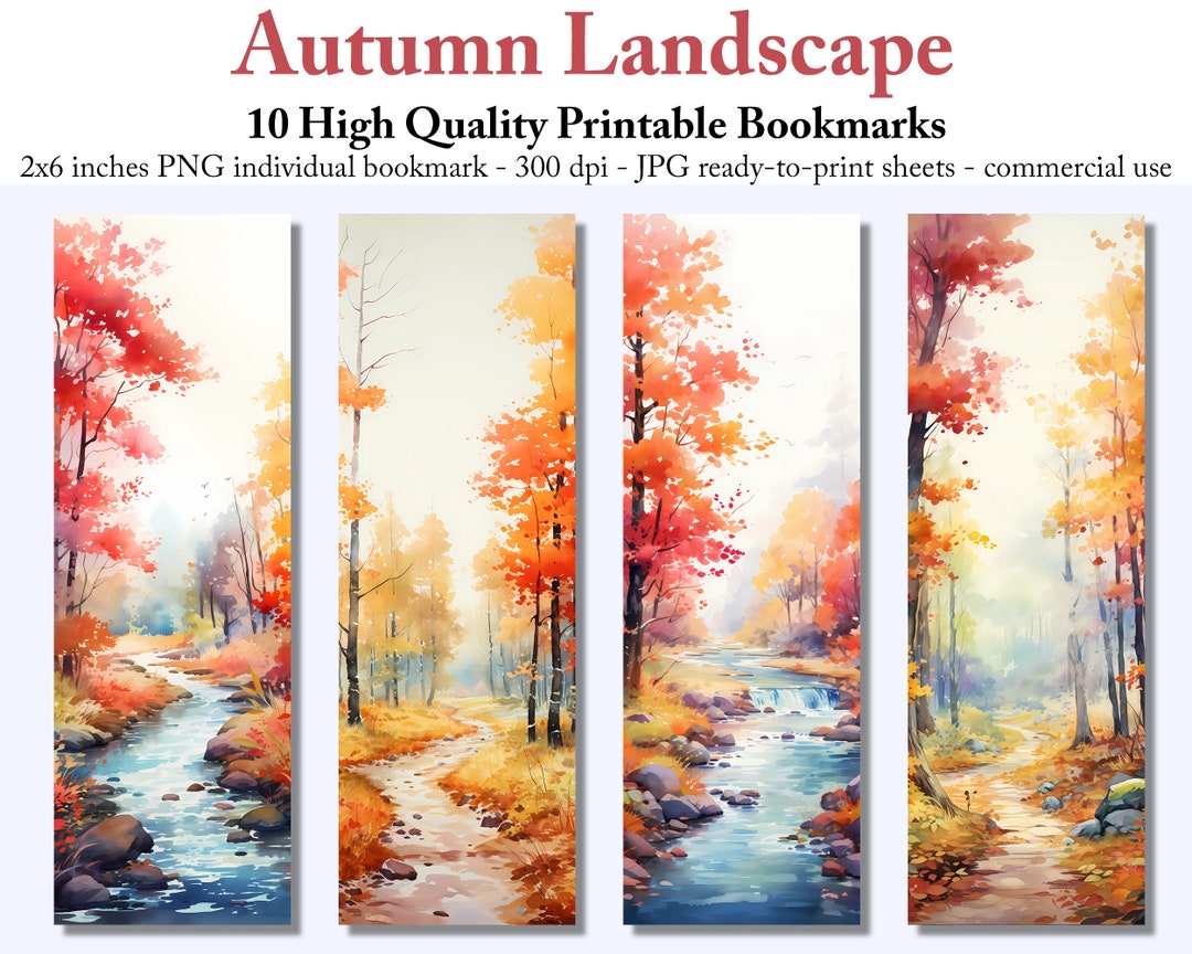 Watercolor Autumn Landscape Bookmarks: 10 Printable Designs (digital ...