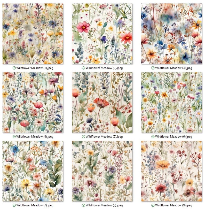 Wildflower Garden Digital Paper: Watercolor Floral Patterns (12x12 Inch ...