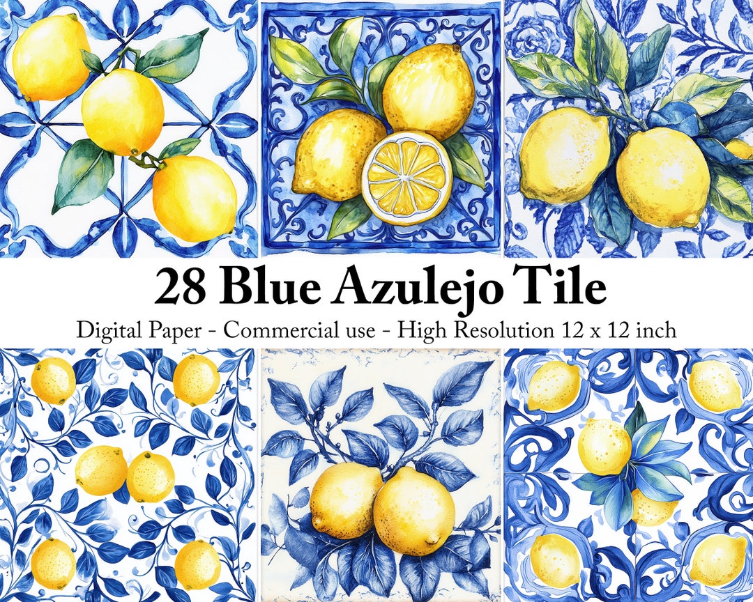 Lemon & Blue Azulejo Tile Digital Paper: Mediterranean Patterns ...
