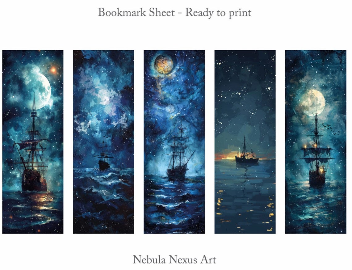 Celestial Nautical Bookmarks: Starry Night Ship Art (digital Download ...