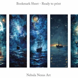 Celestial Nautical Adventure Bookmarks - 12 Printable Ship & Moon Night ...